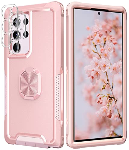 Bizzib for Samsung Galaxy S23 Ultra Case Heavy Duty Full Body Shockproof Kickstand With 360° Ring Holder Support Car Mount Hybrid Bumper Silicone Hard Back Cover with 2 Pack HD Len Protector Rose Gold
