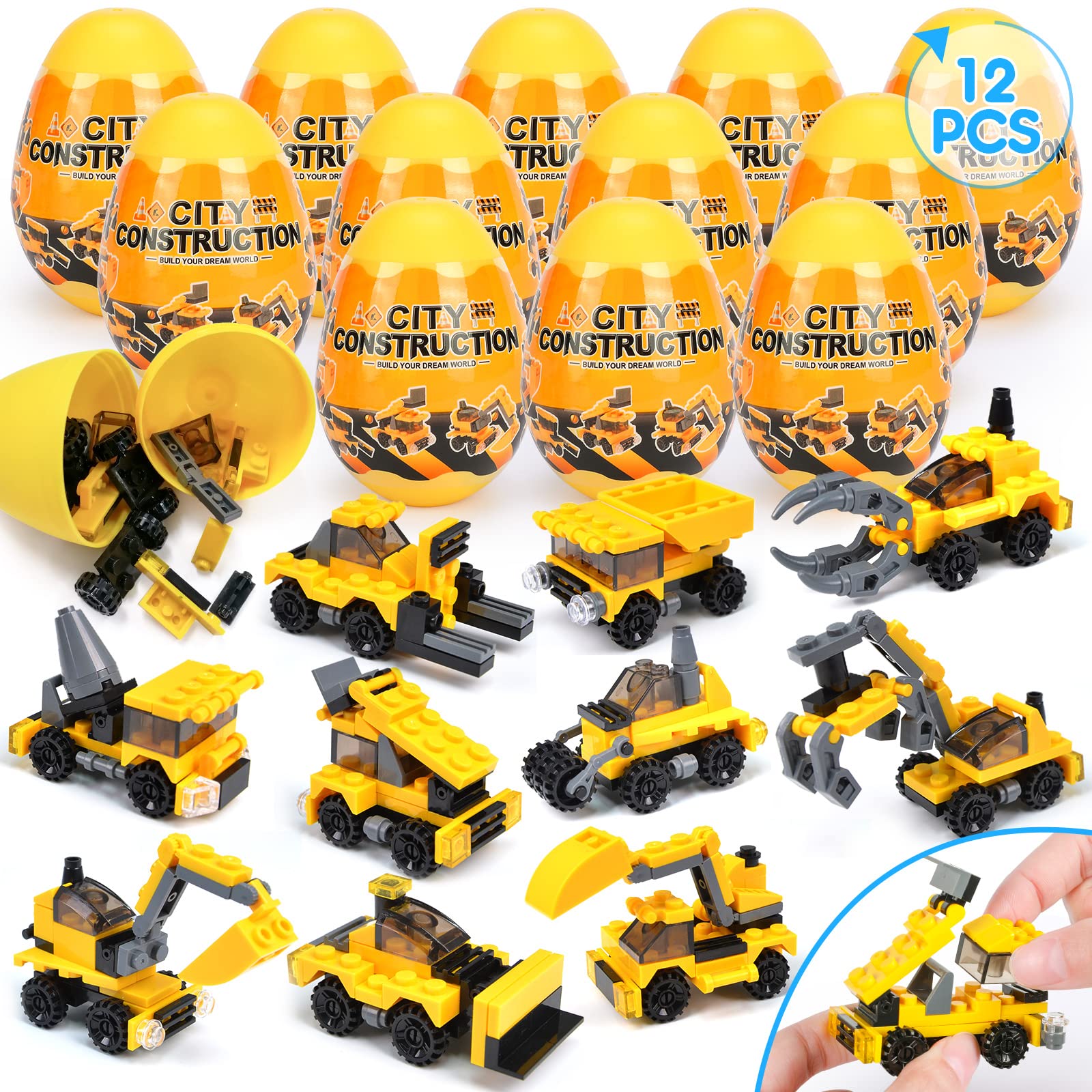 EZIGO Easter Eggs Fillers with Construction Vehicles Building Blocks, 12 Pack Bulk Toy, Basket Stuffers Easter Party Favors Supplies Classroom Prize Easter Hunts Gift for Kids