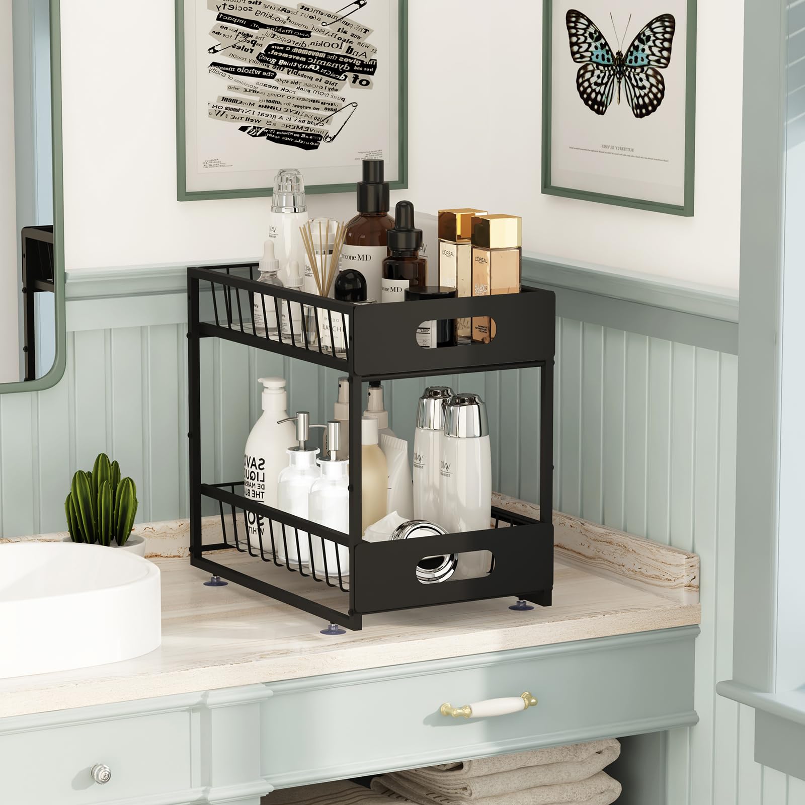 AIKEXIN Under Sink Organizers and Storage, 2 Tier Pull Out Sliding Cabinet Basket Organizer, Metal Cabinet Organizer & Storage Shelves for Kitchen Bathroom (Black)