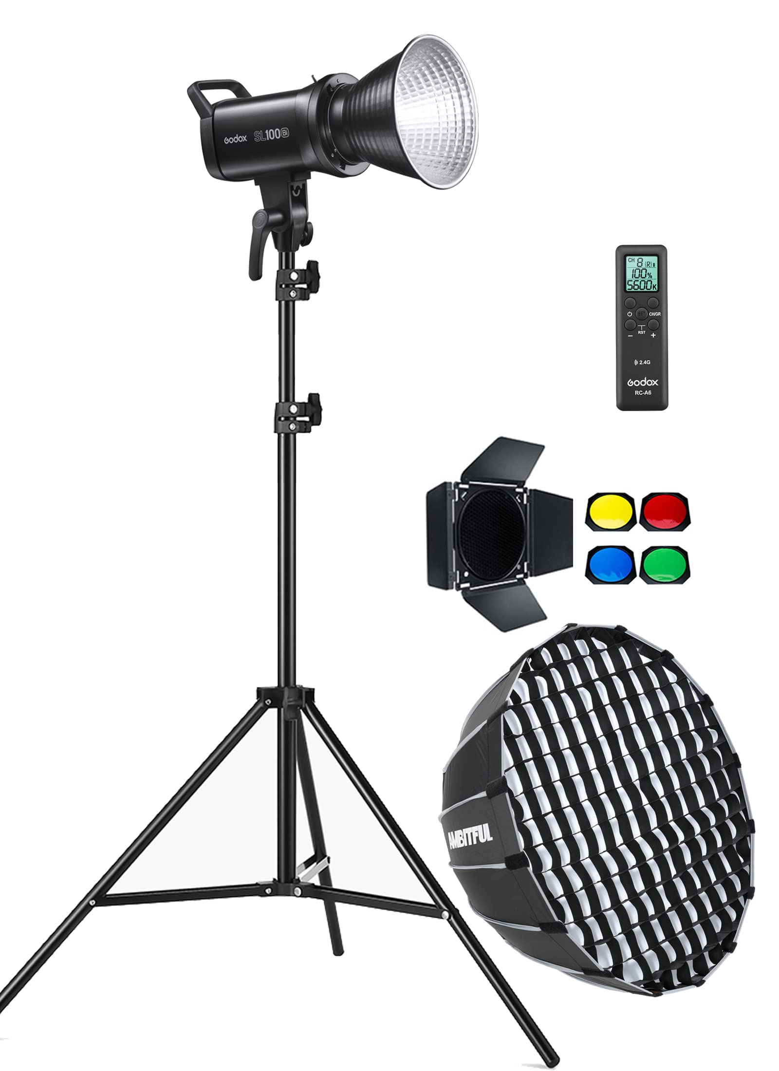 Godox SL100D SL-100D 100W 5600K White Version LCD Panel LED Video Light Continuous Output Bowens Mount Studio Light with P60 Quick Installation Soft Box,Carrying Bag, Light Stand (SL100BI KIT)