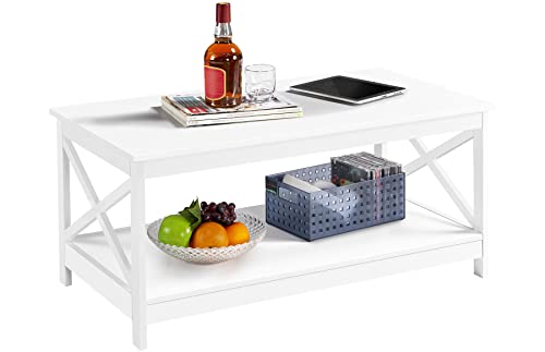 Yaheetech Wood 2-Tier White Coffee Table with Storage Shelf for Living Room, X Design Accent Cocktail Table, Simple Design Home Furniture, 39.5 x 21.5 x 18 Inches