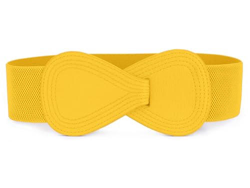 Allegra K Interlock Buckle 8-shaped Faux Leather Elastic Belt Cinch Waistband for Lady Fit Waist Girth:25"/63.5cm-37"/94cm Yellow