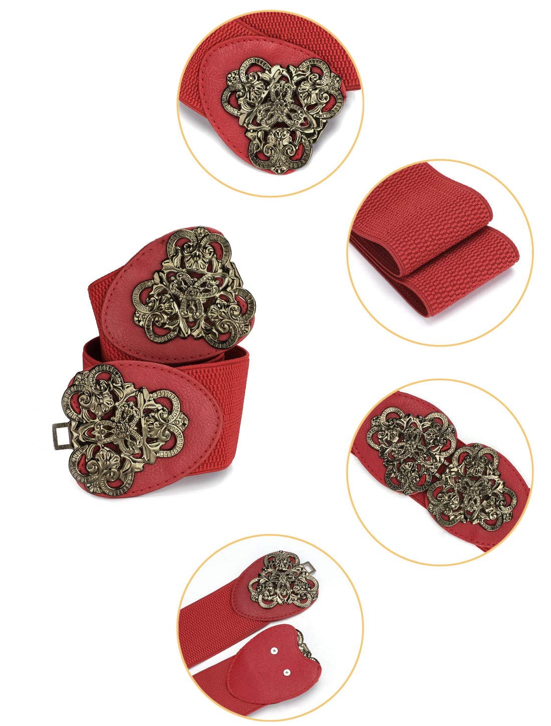 Allegra K Ladies Metal Symmetric Flower Interlock Buckle Textured Elastic Cinch Belt Red-1 Buckle-2