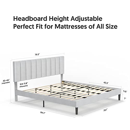 BONSOIR King Size Bed Frame Modern Vertical Panel Upholstered Low Profile Platform with Tufted Headboard/No Box Spring Needed/No Bed Skirt Needed/Linen Fabric Upholstery/Light Grey