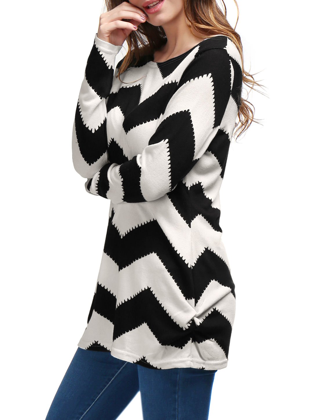 Allegra K Women's Round Neck Contrast Color Knitted Shirts Long Sleeve Sweater Tops Medium Black White