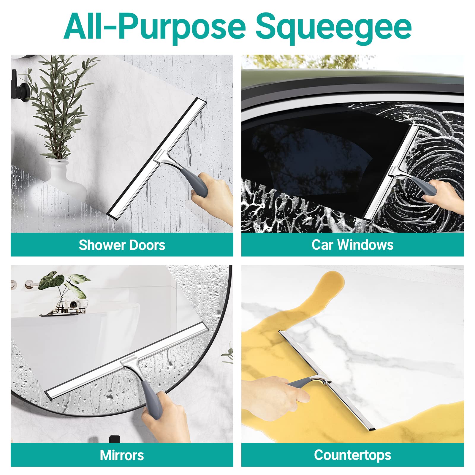 AmazerBath Shower Squeegee, Squeegee for Shower Glass Door, All-Purpose Squeegee for Shower Doors, Tiles Mirror, Car Window- Stainless Steel, Non-Slip Handle, Long Blade, 10 Inches
