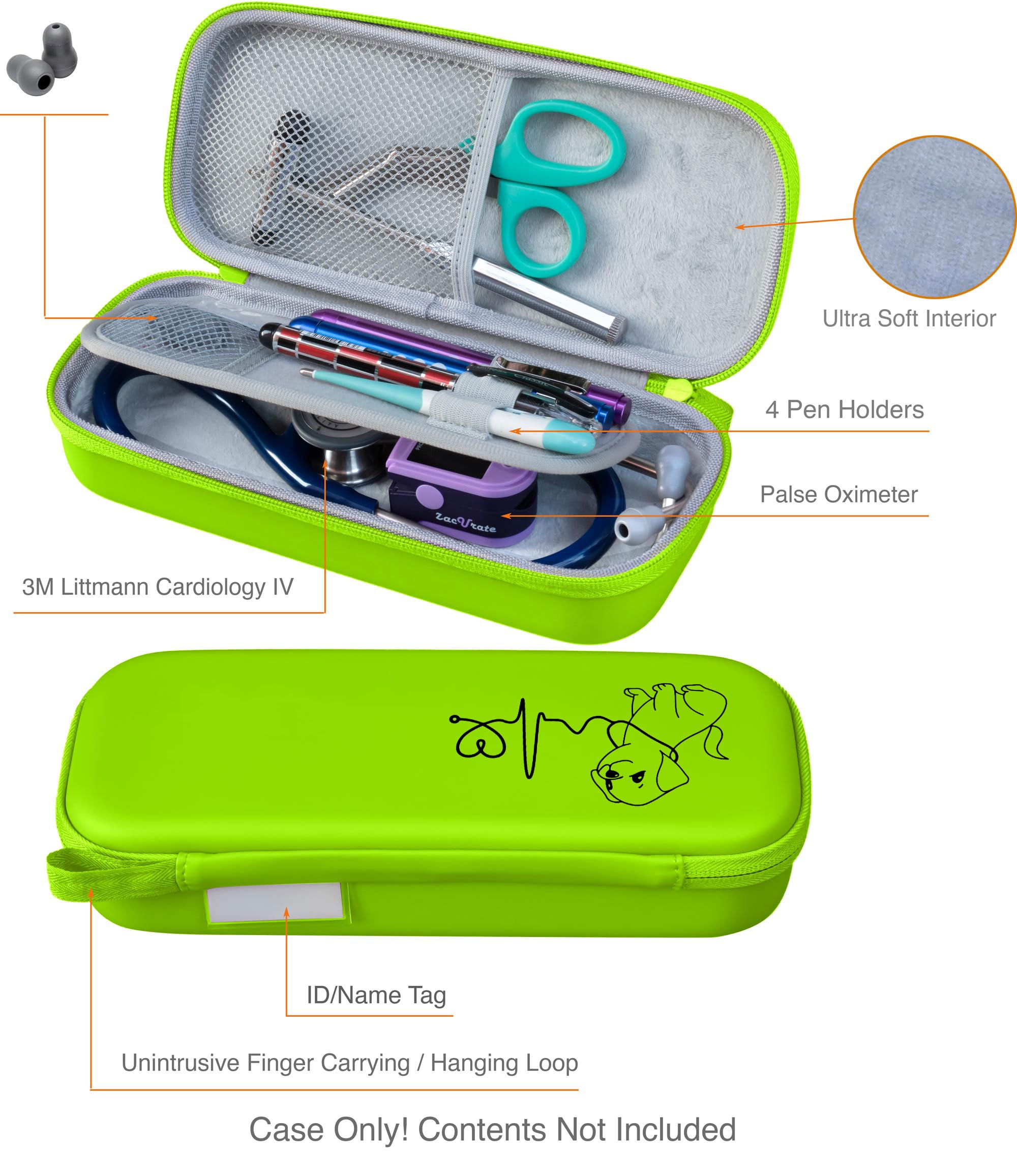 ButterFox Premium Stethoscope Case with Divider and ID Slot for 3M Littmann Classic III, Cardiology IV Diagnostic and More Stethoscopes with Pocket for Nurse Accessories (Lime_Green_Puppy)