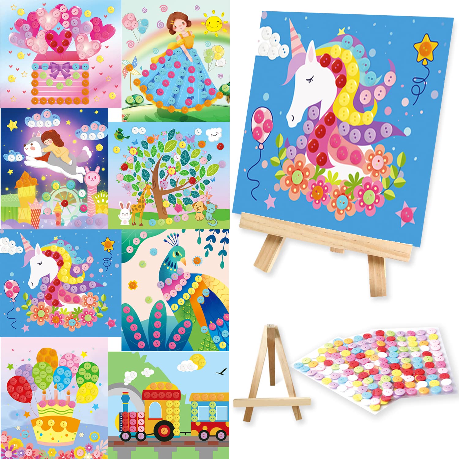 Mosaic Sticker Art Kit for Kids, Colorful Sticky Buttons DIY Handmade Art Kits,Make Your Buttons Art Crafts，for Ages 3-6 Children, Beginner, Boys and Girls-with 1wood Display Easel （8pcs）