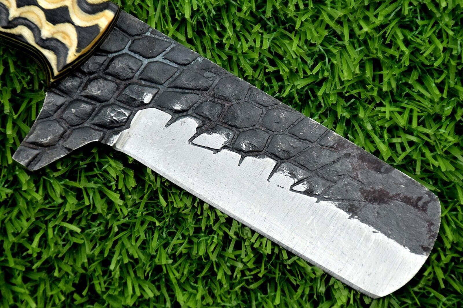 Carbon steel blade Bull cutter knife, 8.5 inches long knife with Leather sheath, Multi color Micarta scale Jigged with sturls, Embossed carbon steel blade, Embossed Leather sheath with belt loop (Black and Beige)