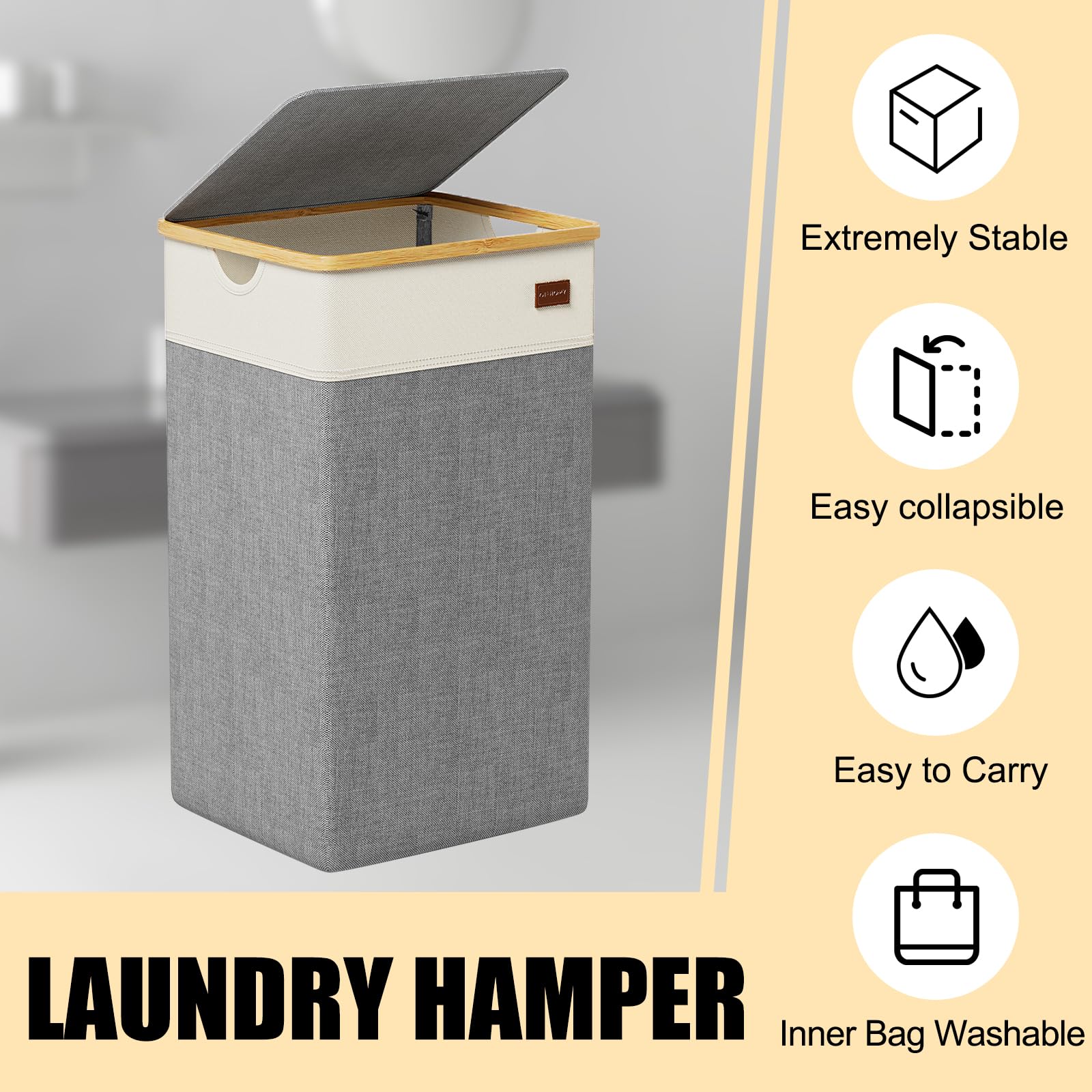 OIAHOMY Laundry Hamper With Lid, 100L Collapsible Laundry Basket With 2 Removable Inner Bags, Clothes Hamper With Bamboo Handles, Large Foldable Laundry Hamper, Dirty Clothes Hamper for Bedroom (Grey)