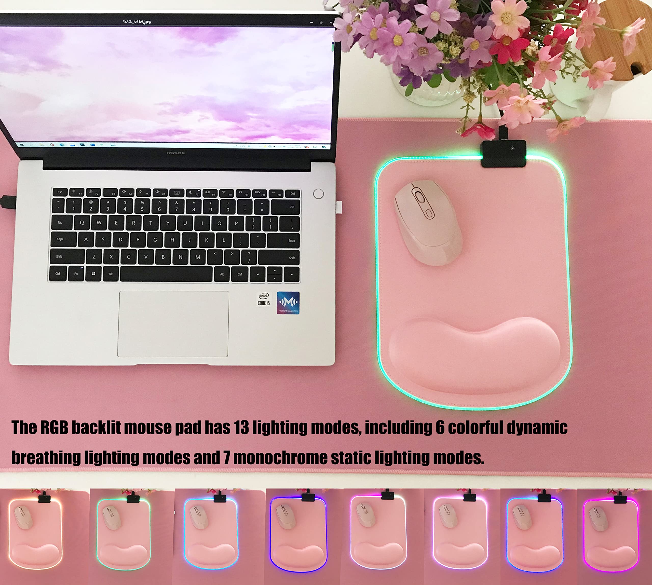 RGB Mouse Pad with Wrist Support, LED Mouse Pad with 13 Lighting Modes, Anti-Slip Rubber Base, Pain Relief Computer Ergonomic Mouse Pad for Gaming, Office, Home, 11.8 x 8.5 in (Pink)