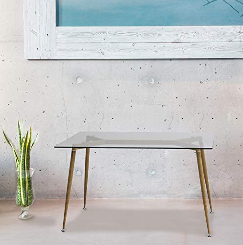 IDS Online Mid Century Dining Table, Office Desk, Glass : 8mm, Wooden Skin