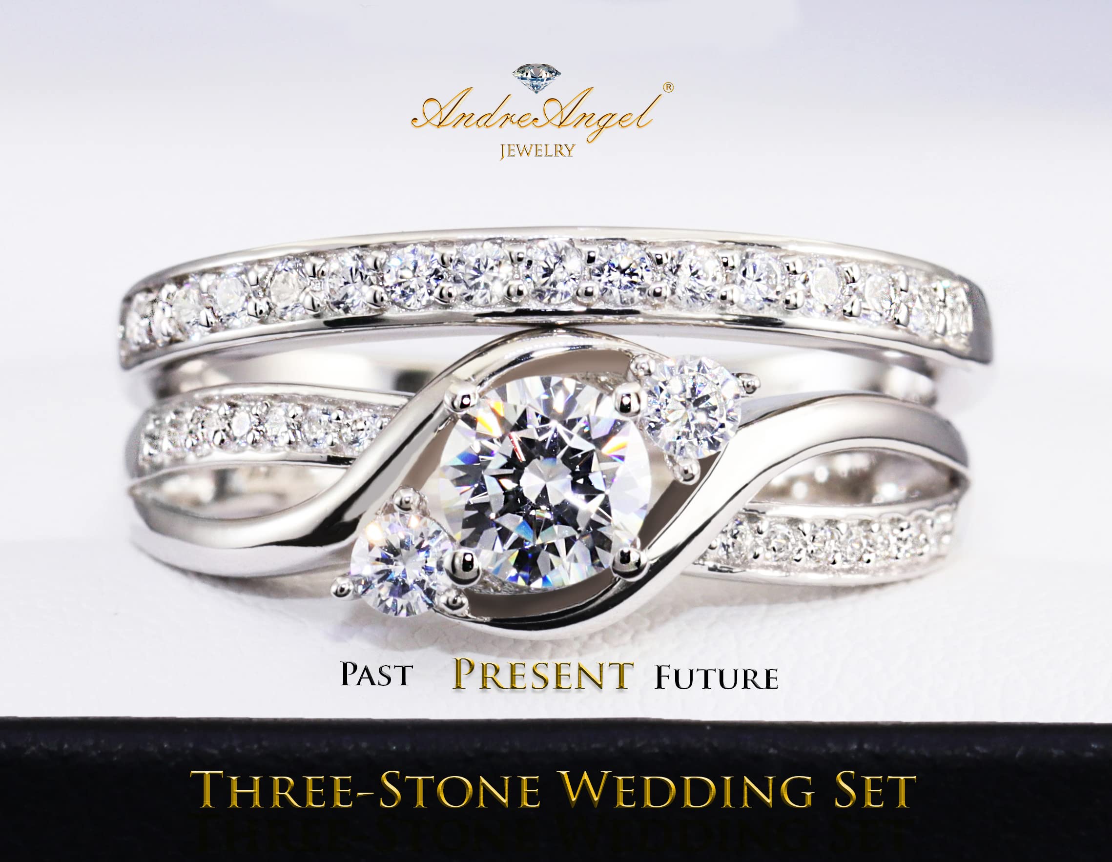 AndreAngel Three-Stone Wedding Ring Set for Women, Solid Sterling Silver 925, 5A+ Grade Cubic Zirconia Stones 0.5 Carat Rhodium-Platinum Plated