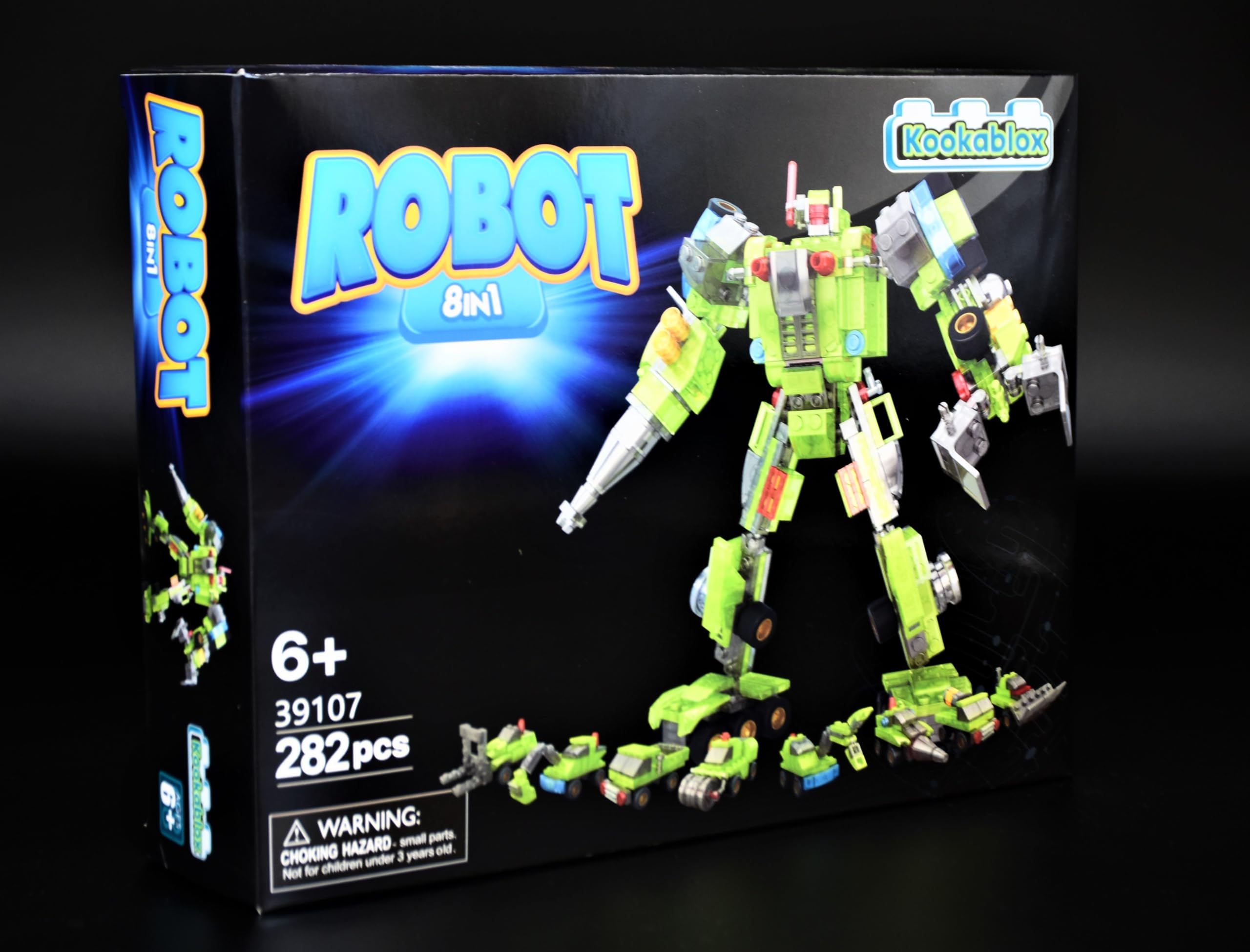 KOOKAMUNGA KIDS 8-in-1 Green Robot Building Block Kit - 8 Mini Toys Transform Into 1 Large Robot Toy - Interlocking Blocks - Transforming Buildable Set for Kids - Works with Other Blocks (318 Pieces)