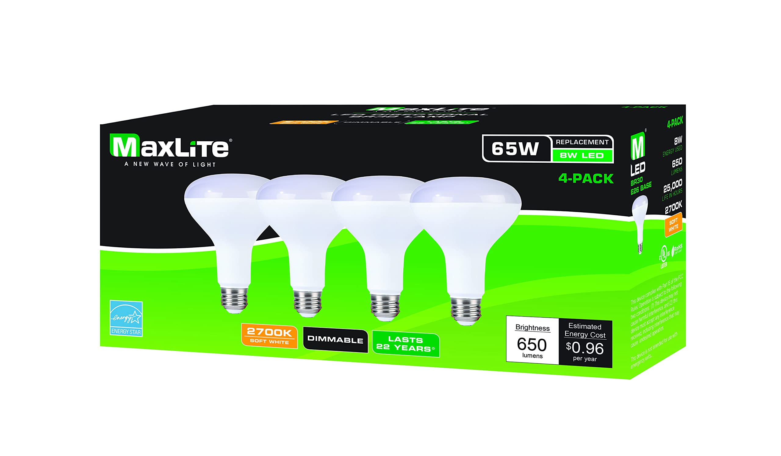 MaxLite LED BR Reflector LAMP 8W BR30 DIM 2700K 4PK - White (8BR30D27/4P/WS)