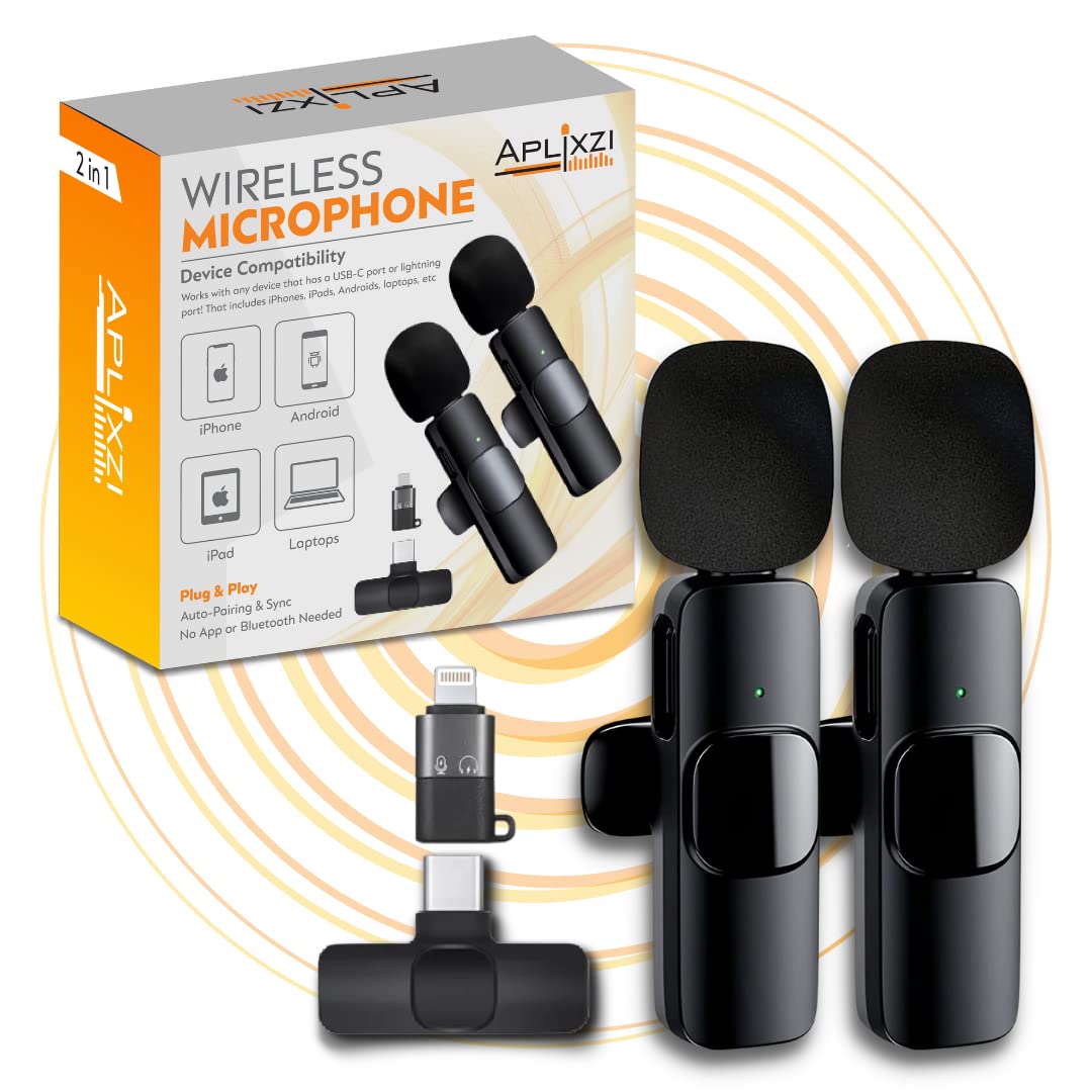 APLIXZI Wireless Lavalier Microphone for iPhone, iPad, Android & Laptop (Set of 2), 2.4GHz Mini Microphone for Video Recording, YouTube, TikTok, Vlogging, Interviews, Plug and Play, Noise Reduction