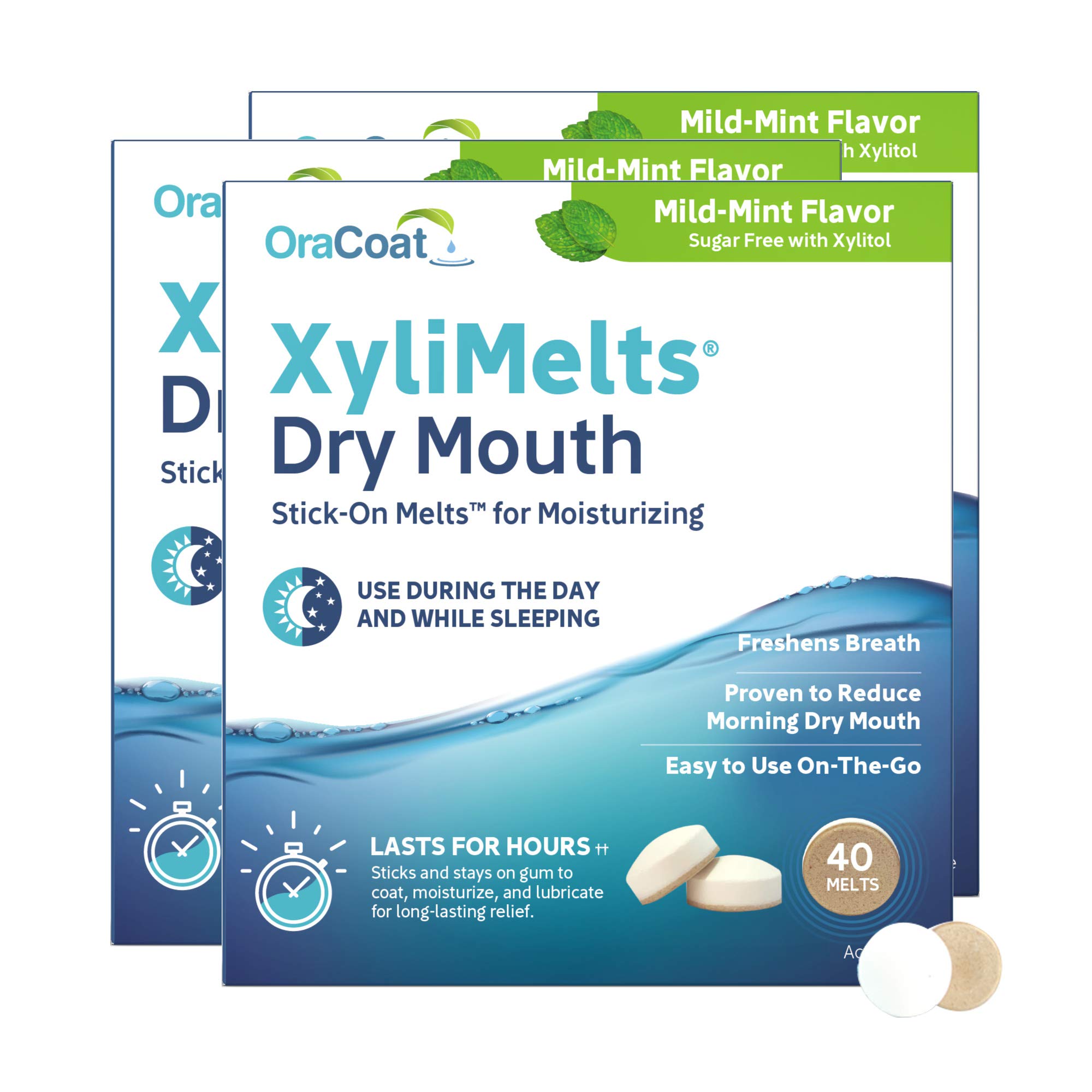 OraCoat XyliMelts Dry Mouth Relief Moisturizing Oral Adhering Discs 40 Count, 3 Pack, Mild Mint with Xylitol, for Dry Mouth, Stimulates Saliva