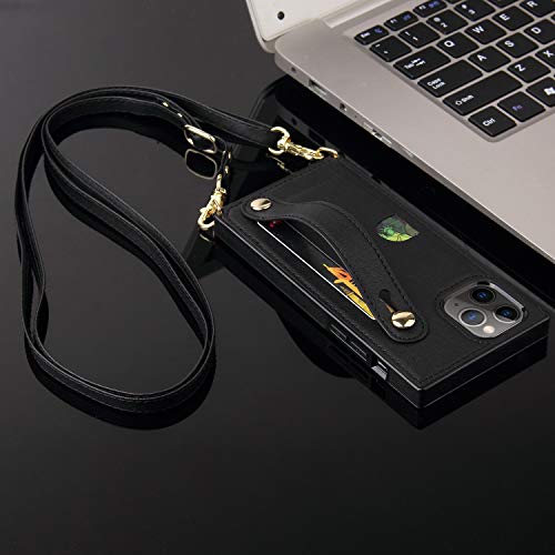 DEFBSC Crossbody Case for iPhone 12, iPhone 12 Pro Case 5G, Finger Strap Wallet Case with PU Kickstand and Adjustable Detachable Crossbody Strap Card Slot Heavy Duty Protective Square Cover-Black