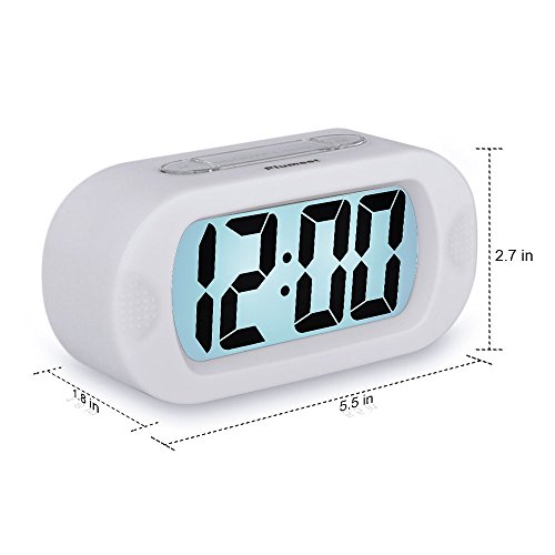 Plumeet Digital Alarm Clock Travel Clock with Snooze and Nightlight - Easy to Set Simple Bedside Alarm Clocks for Kids - Ascending Sound - Battery Powered (White)