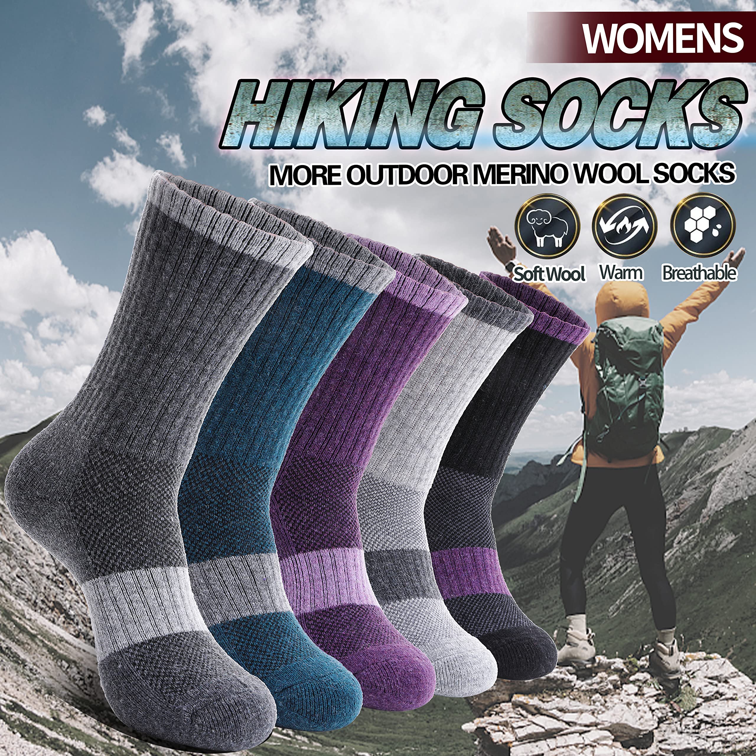 Anlisim Merino Wool Socks for Women Hiking Thermal Warm Winter Boot Work Crew Cushion Ladies Socks 5 Pairs Gift(Black Stripe,(5 Pairs),M)
