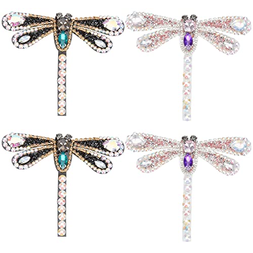 WEBEEDY 4Pcs Rhinestone Dragonfly Beaded Patch Sew on Crystal Patches for Shoes Bags Sewing Applique Clothes Dress Scarf Decoration DIY Apparel (2 Color)