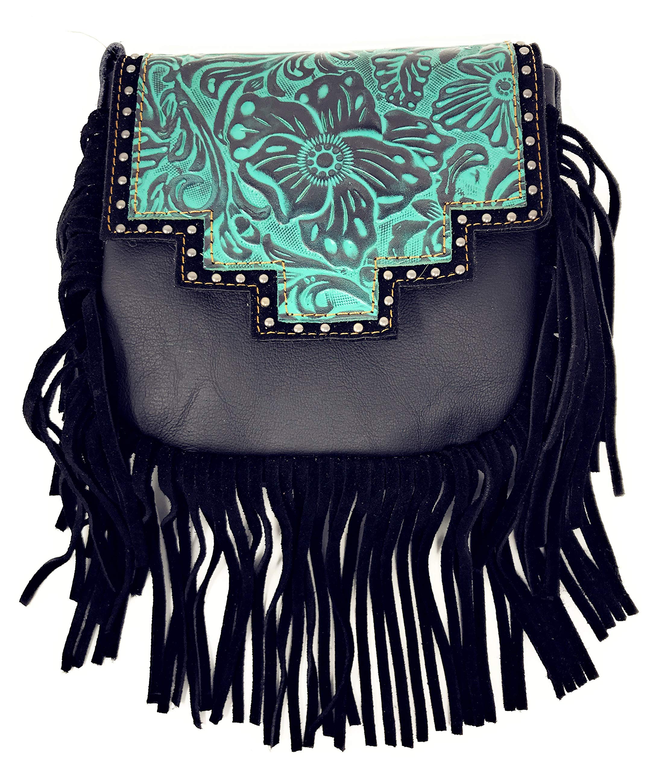 Western Genuine Leather Floral Tooled Fringe Womens Crossbody Bag 3 Color (Turquoise/Black)