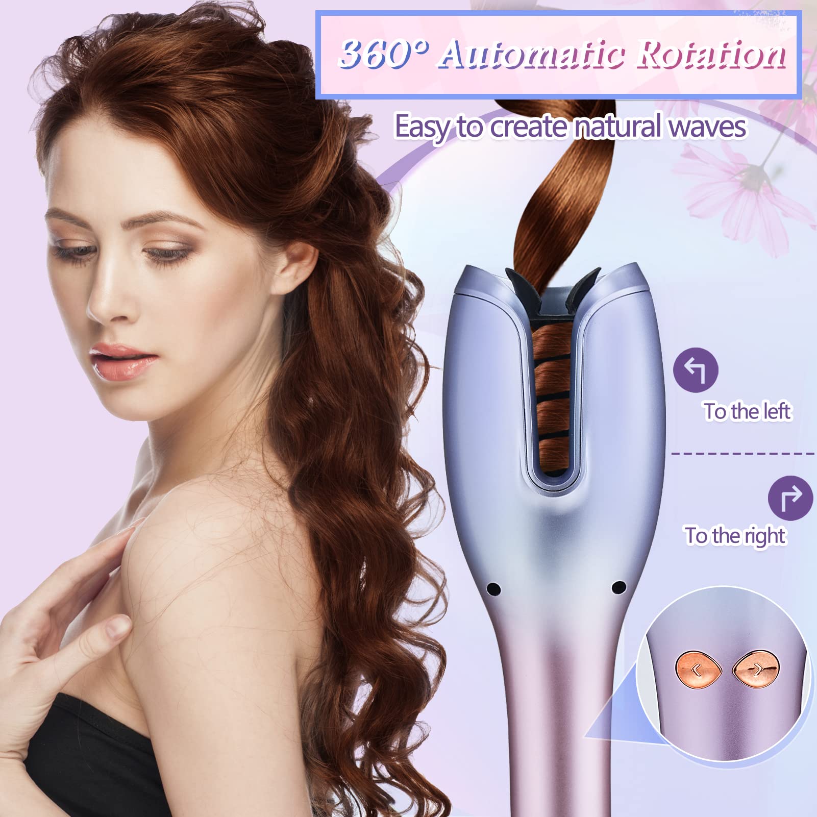 Augot Automatic Curling Iron, Portable Electric Curling Iron Hair Curling Wand with Adjustable Temperature and Timer, 30 Min Auto Shut-off, PTC Heating Automatic Hair Curler for Long Hair Styling Tool