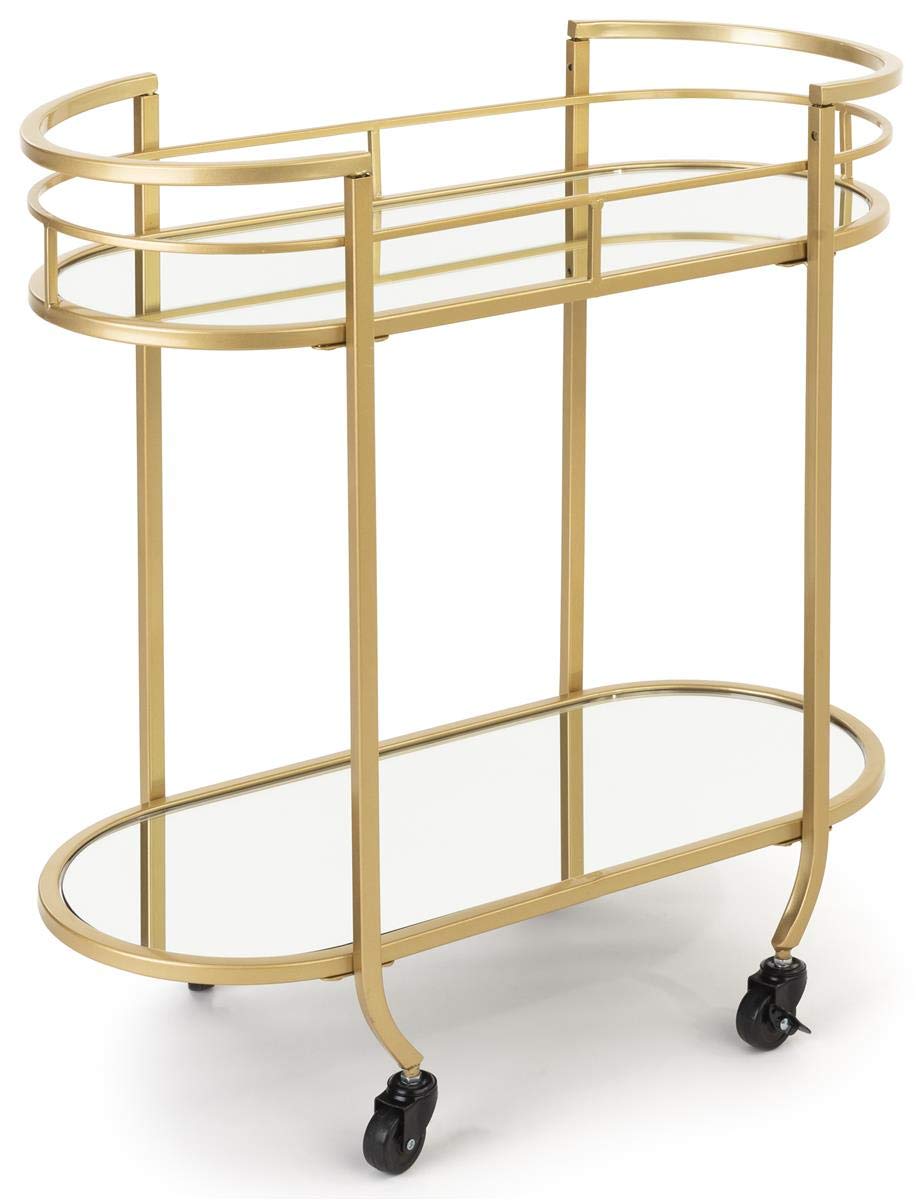 Displays2go Champagne Gold Drinks Trolley, Mirrored Glass Decks, Four Casters - Satin Finish (FSBEVCART5)