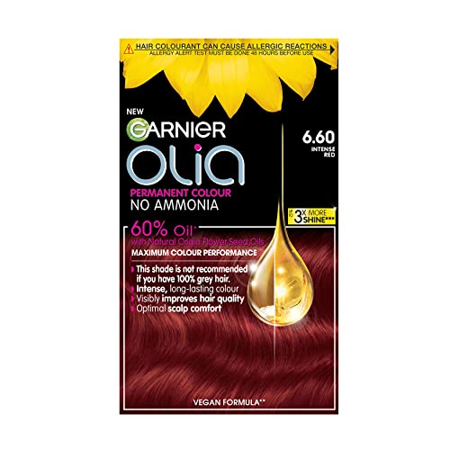 Garnier Olia Intense Red Permanent Hair Dye, No Ammonia for A Pleasant Scent, Up To 100% Grey Hair Coverage, Maximum Colour Performance, 60% Oils - 6.60 Intense Red