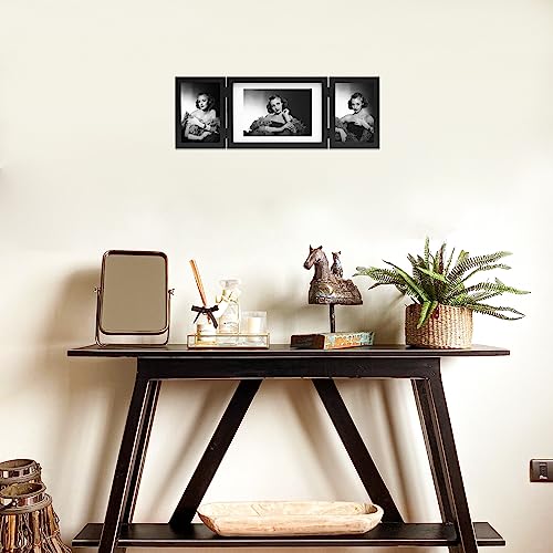DECOCIAGA Hinged 3 Picture Frame 4x6 & 5x7 Folding Collage Photo Frames Multiple Wooden Desk Picture Frames with Mat for Office Tabletop or Wall Decor, Black