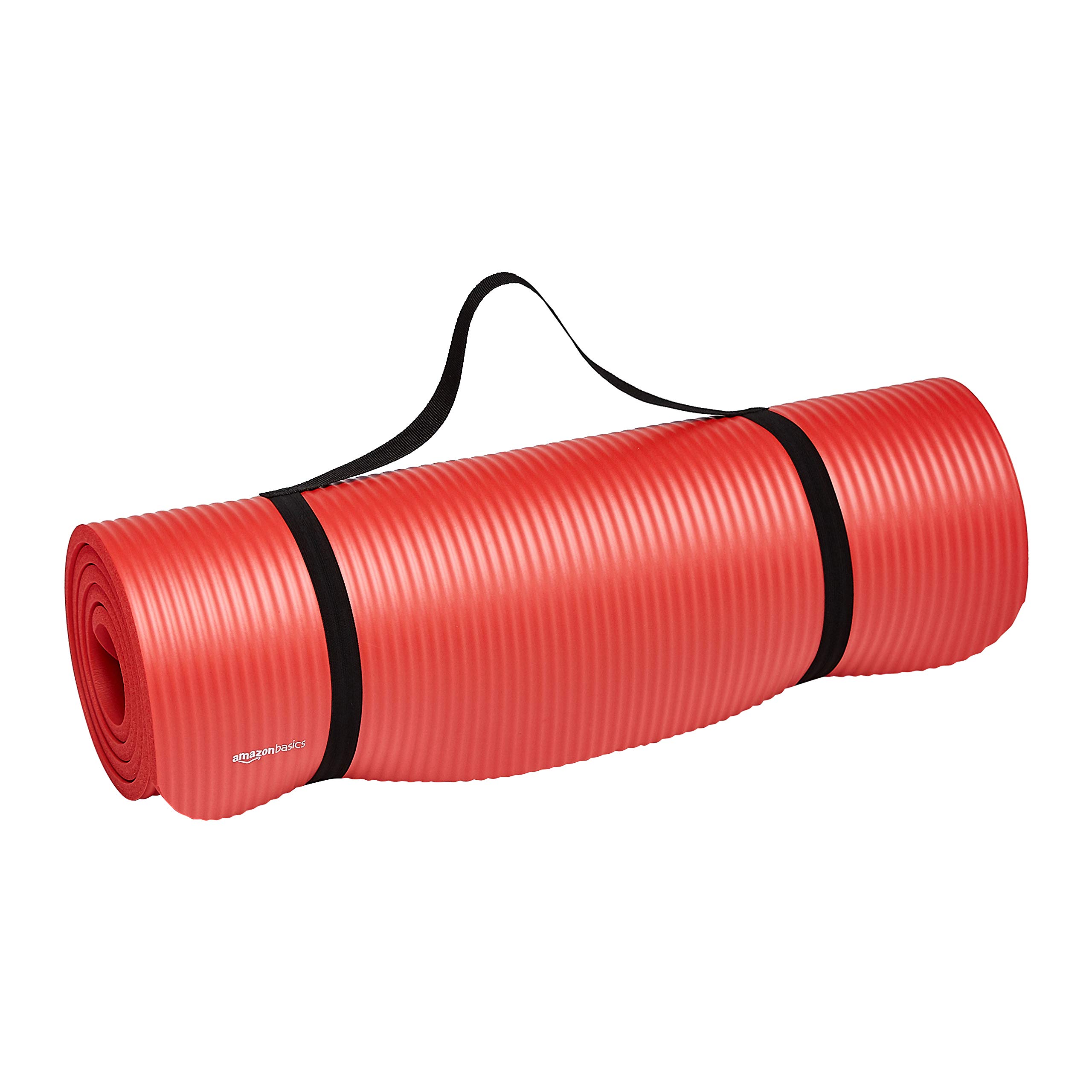Amazon Basics Extra Thick Exercise Yoga Gym Floor Mat with Carrying Strap - 74 x 24 x .5 Inches, Red & High-Density Round Foam Roller, 36 Inches, Black
