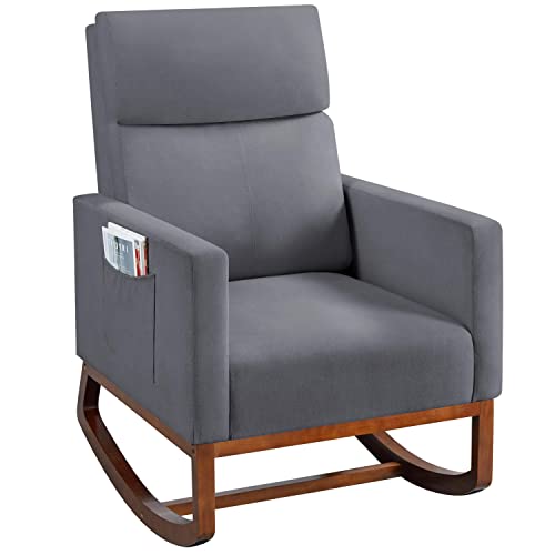 Yaheetech Rocking Chair Nursery Upholstered Glider Chair with Rubber Wood Legs Side Pocket, Rocking Accent Armchair for Living Room, Gray