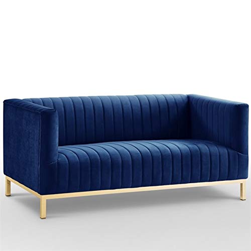 Posh Living Hayden Velvet Tuxedo Loveseat with Y-Metal Base in Navy Blue/Gold