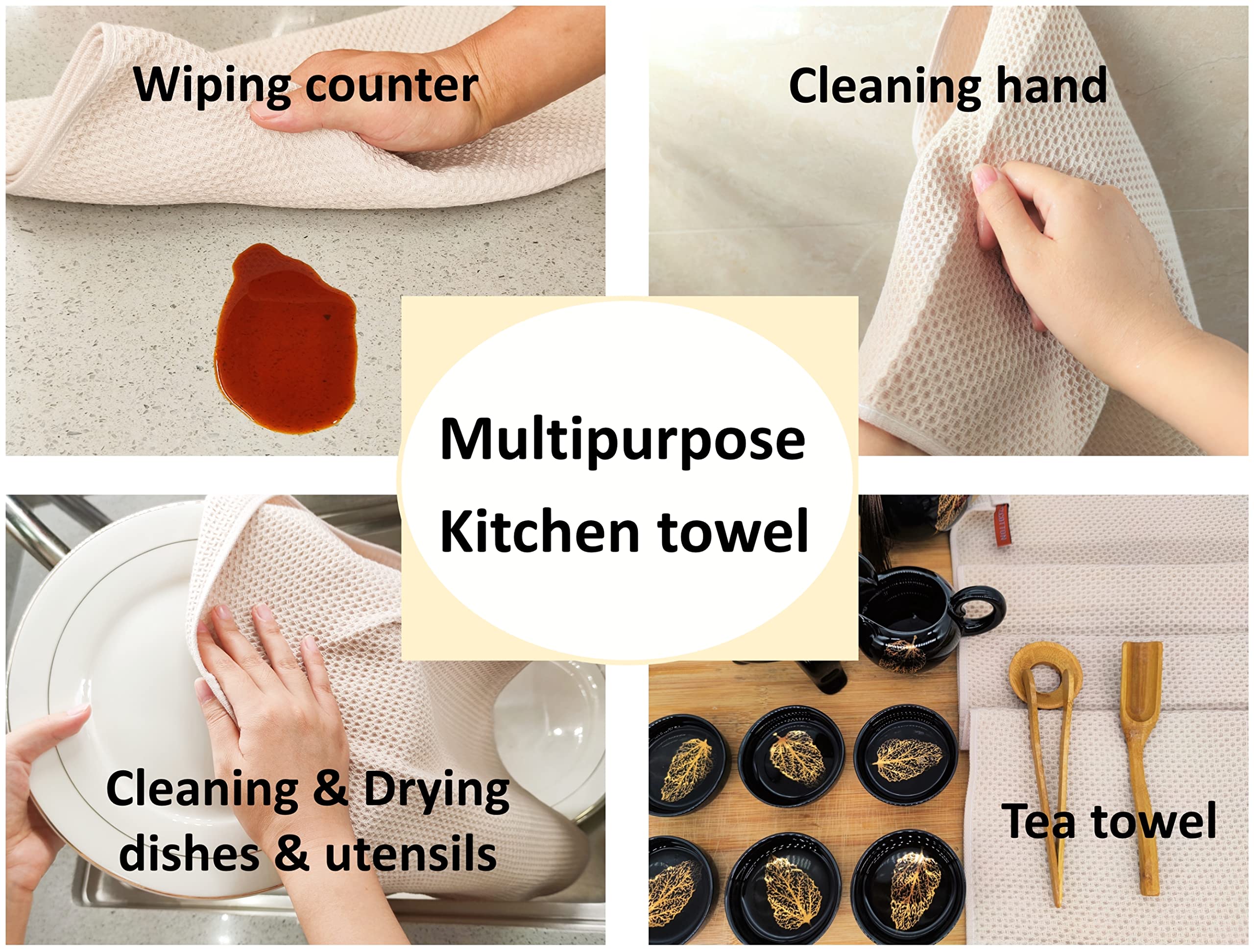 ANEWAY Kitchen Hand Towels 100% Cotton Waffle Weave Dish Towel for Cleaning Drying - Extra Absorbent and Soft - 13 x 28 inch (Beige+Dark Grey+Brown-6 Pack)