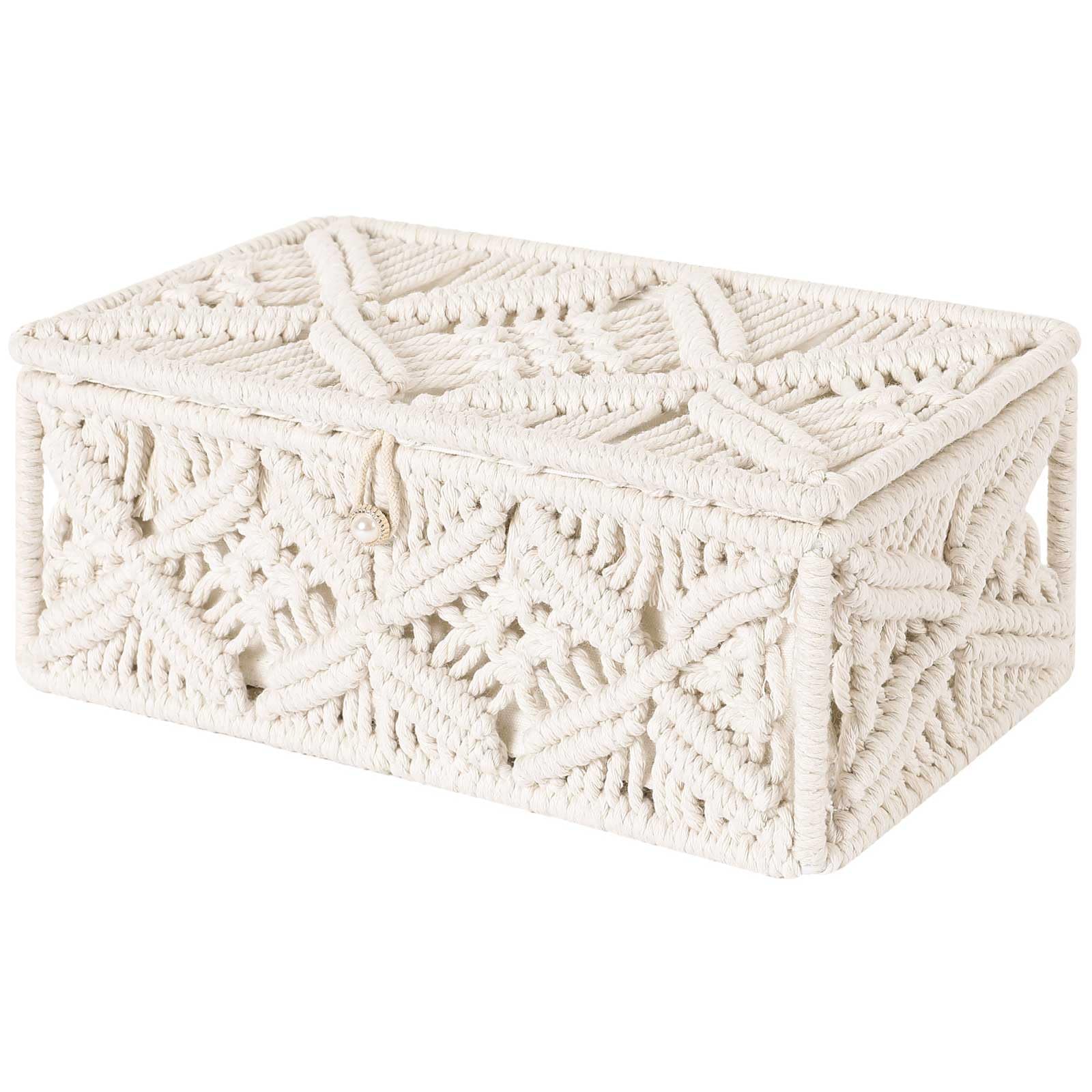 ANMINY Macrame Storage Basket with Lid & 25Pcs Organza Gift Bags Bohemian Jewelry Box Handmade Woven Natural Cotton Rope Lidded Bin Decorative Desktop Organizer Countertop Tank Shelf Cabinet Container
