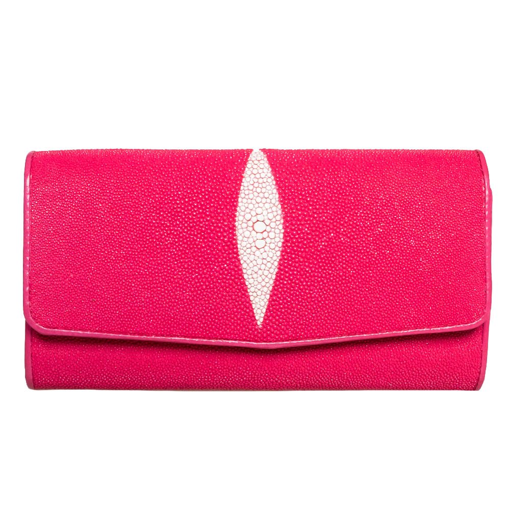 Genuine Stingray Skin Exotic Leather Zip Clutch Purse Long Snap Wallet Organizer (Hot Pink)