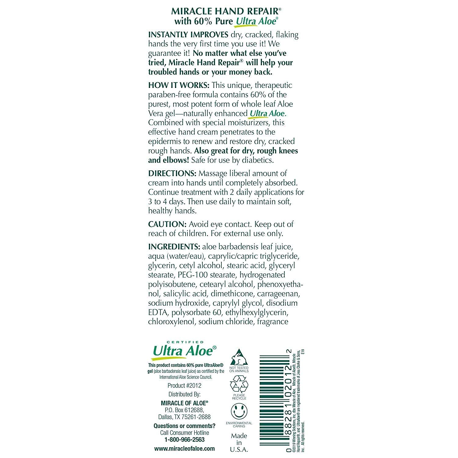 Miracle of Aloe Miracle Hand Repair Cream 8 oz Healing Aloe Vera Lotion for Dry, Cracked Hands with 60% Ultra Aloe Gel - Moisturizes, Softens, and Repairs - Non-Greasy, Lightly Scented (2-Pack)