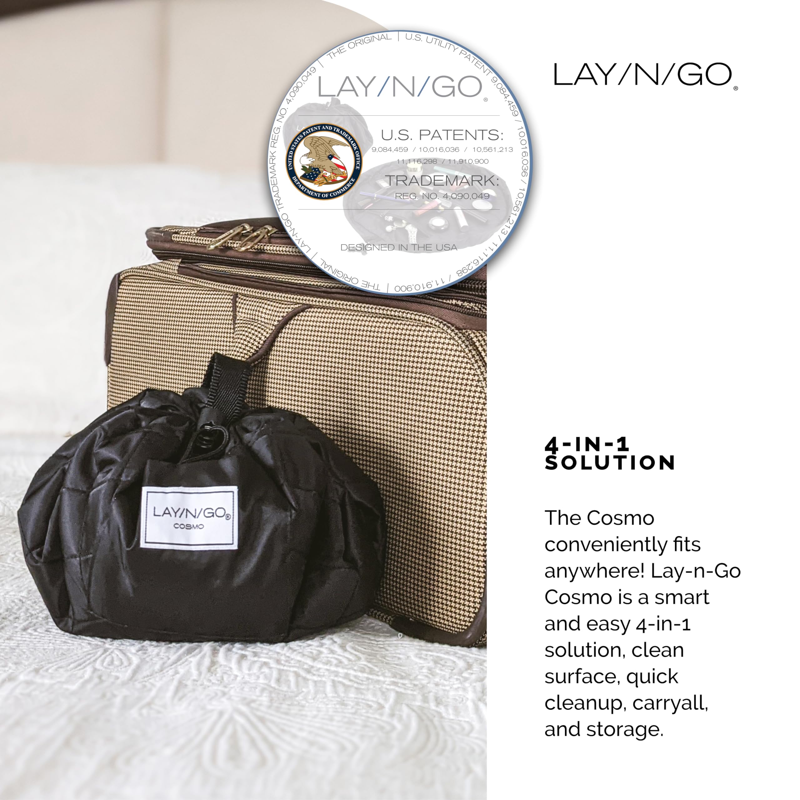 Lay-n-Go Cosmo Drawstring Cosmetic & Makeup Bag Organizer - Portable Drawstring Makeup Bag w/Zipper Pocket, Makeup Loops & More - Durable, Machine Washable Makeup Bag for Travel (20β, Black)
