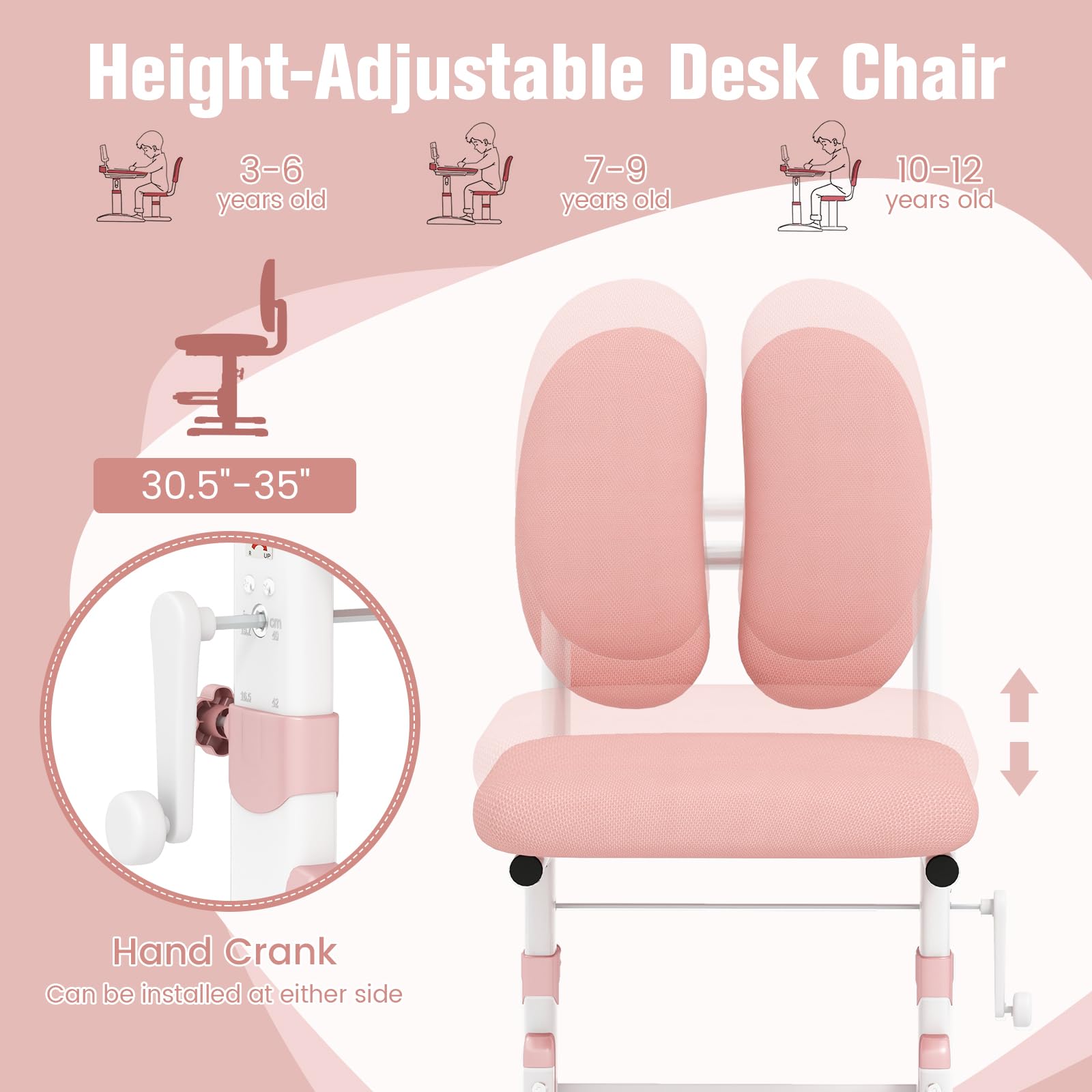 Costzon Kids Desk Chair, Height Adjustable Student Study Task Chair with Double Back Support, Rotatable Footrests, Mesh Ergonomic Office Chair, Kids Computer Chair for Boys Girls Bedroom School, Pink