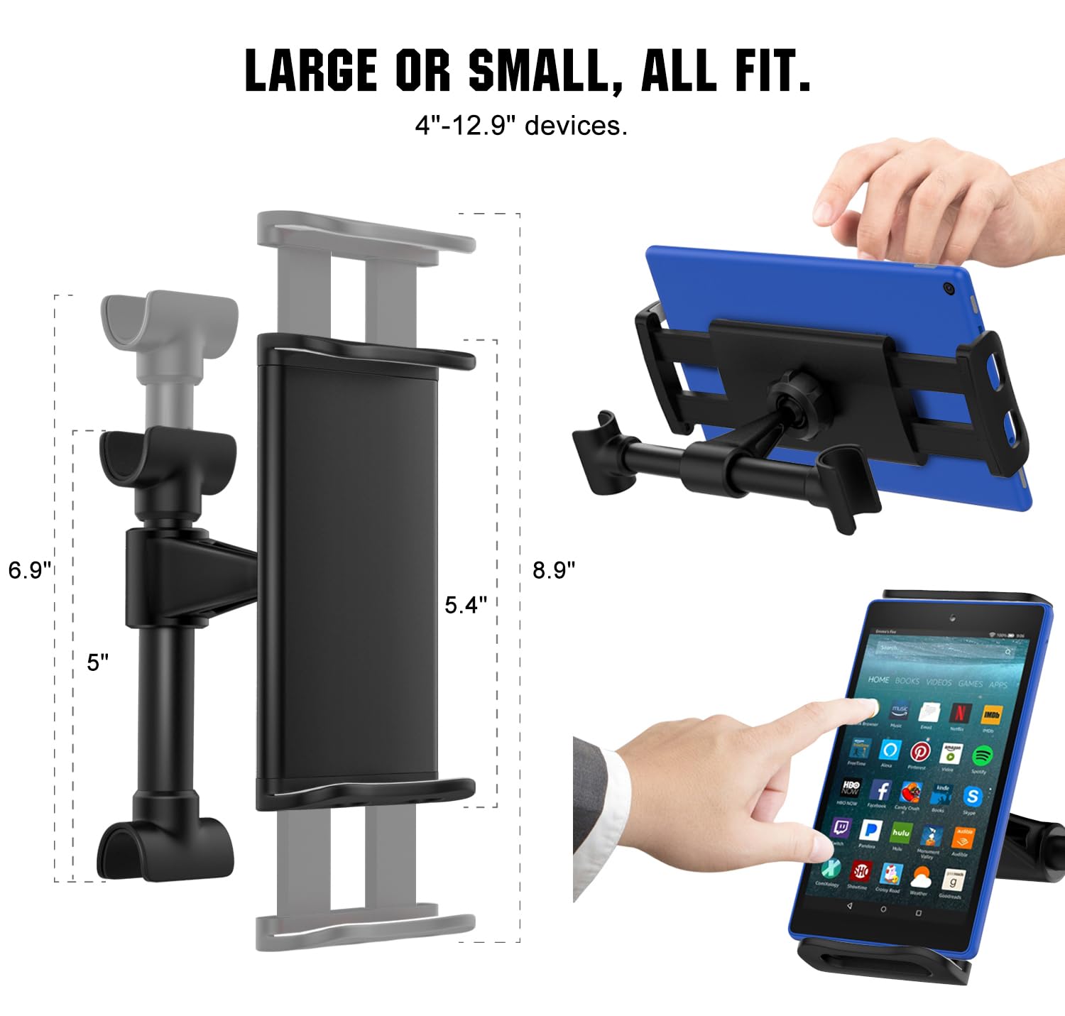 MoKo Headrest Phone/Tablet Car Mount, Adjustable Tablet Holder for 4-12.9" Devices, Fit with iPhone 16/Pro/Pro Max/Plus, iPhone 15/Pro/Plus/Pro Max, iPhone 14 Pro Max/14, iPad Air 4/Mini 6,Black