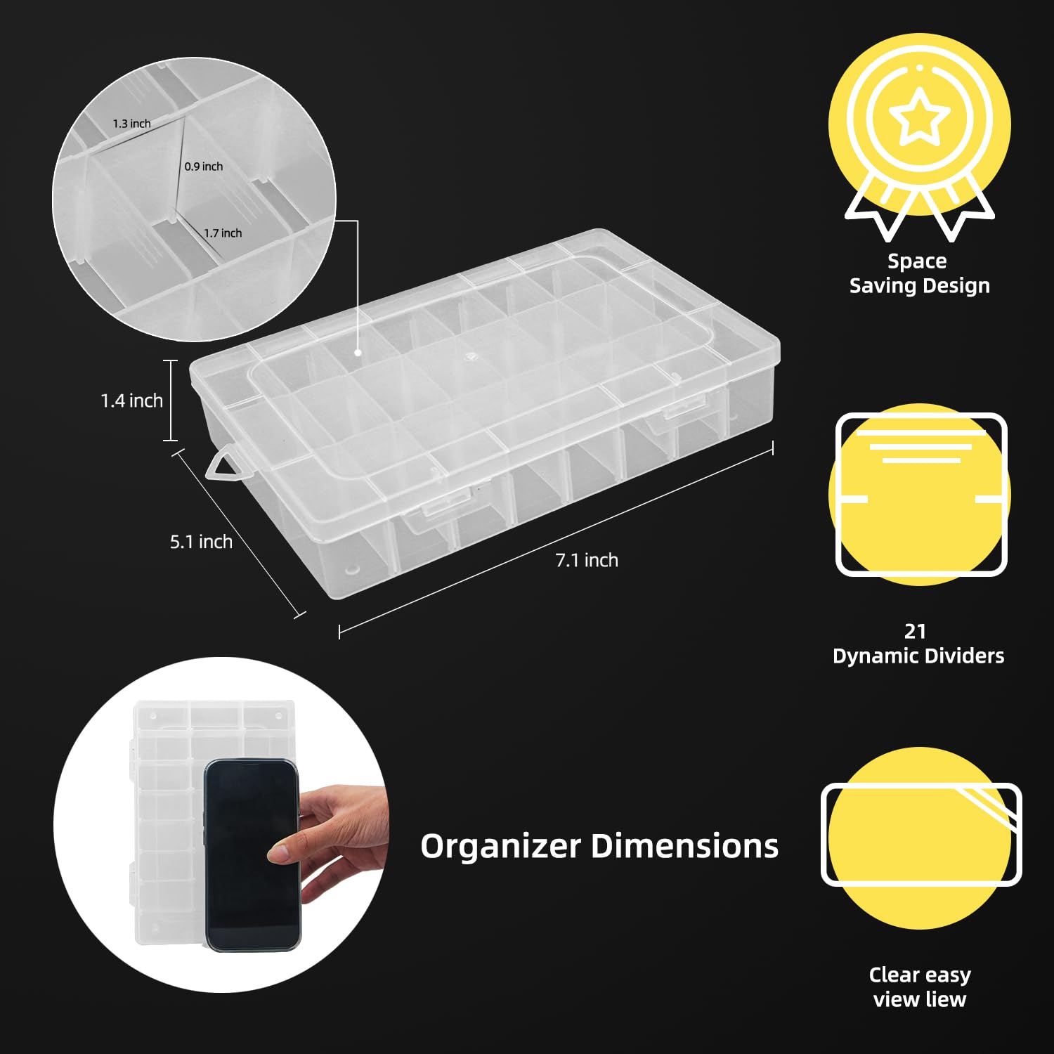 CAZCAL 24 Grids Clear Plastic Organizer Box with Adjustable Dividers for Beads Organizer Earrings Necklaces Art DIY Crafts Jewelry Fishing Tackles craft storage with 1 Sheet Label Stickers