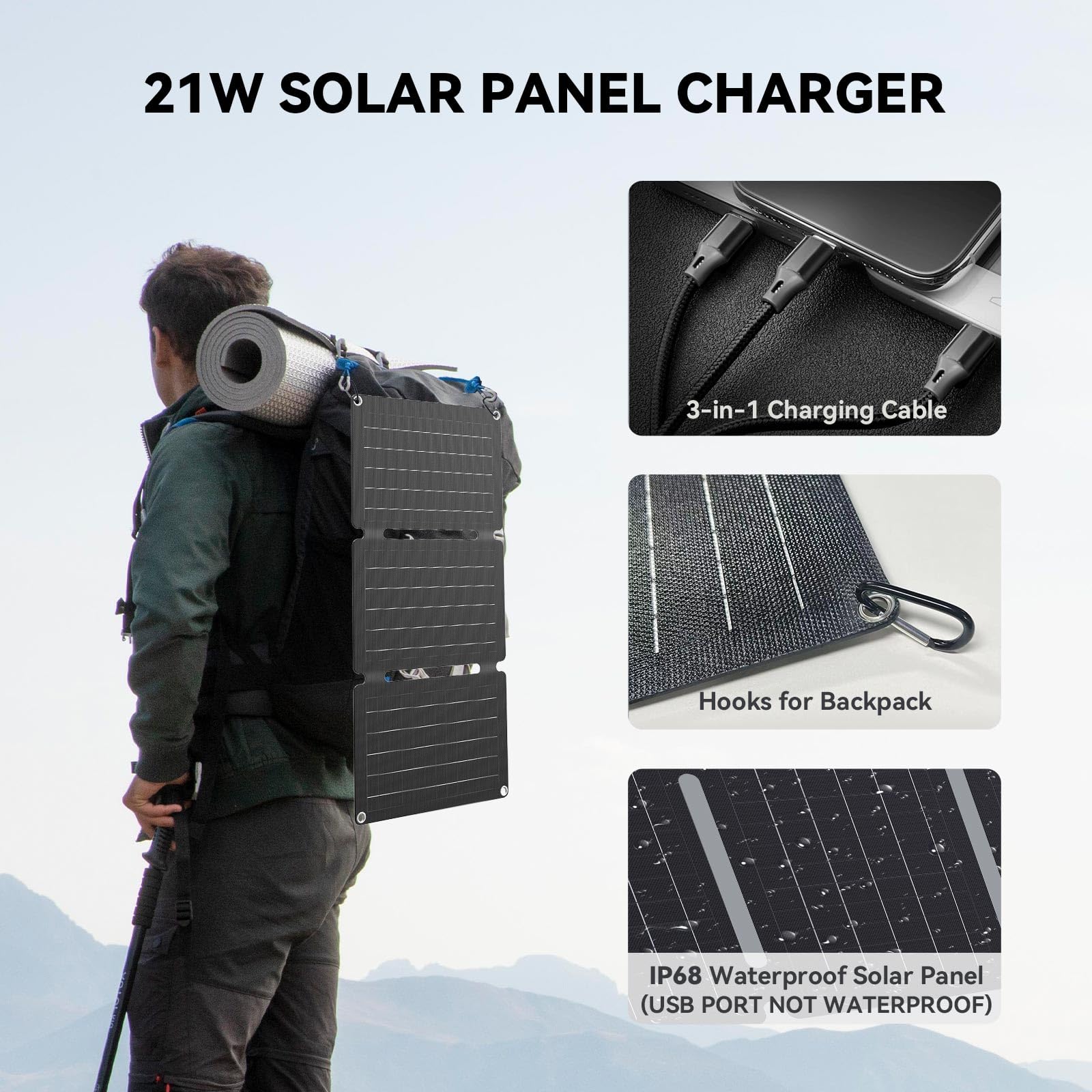 ALLWEI 200W Portable Solar Panel and 21W Portable Solar Charger, Foldable Solar Panel Charger with 2 USB-A Ports, IP68 Waterproof Solar Phone Charger for Outdoor Camping Hiking Backpacking