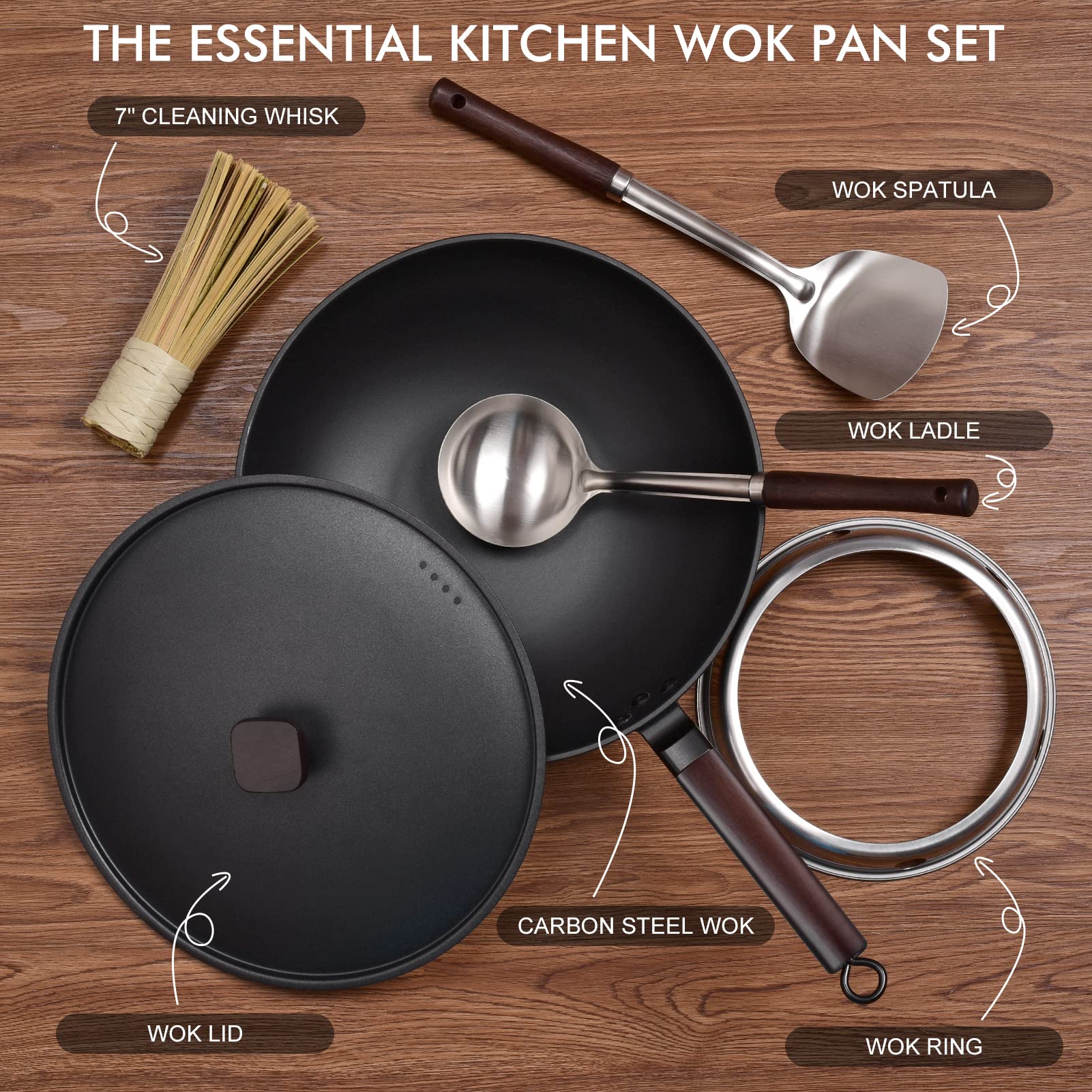 teewe 13.4” Chinese Wok Round Bottom Wok & 12.9” Wok Pan with Lid, Woks & Stir-fry Pans with 12 Cookware Accessories Bundle Deal