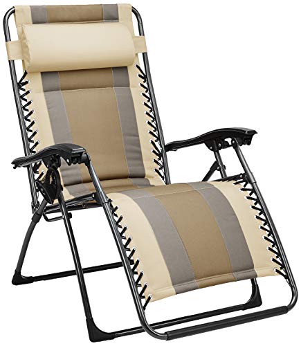 Amazon Basics Outdoor Adjustable Zero Gravity Folding Reclining Lounge Chair With Pillow, Beige, 65" D x 44.1" W x 29.5" H