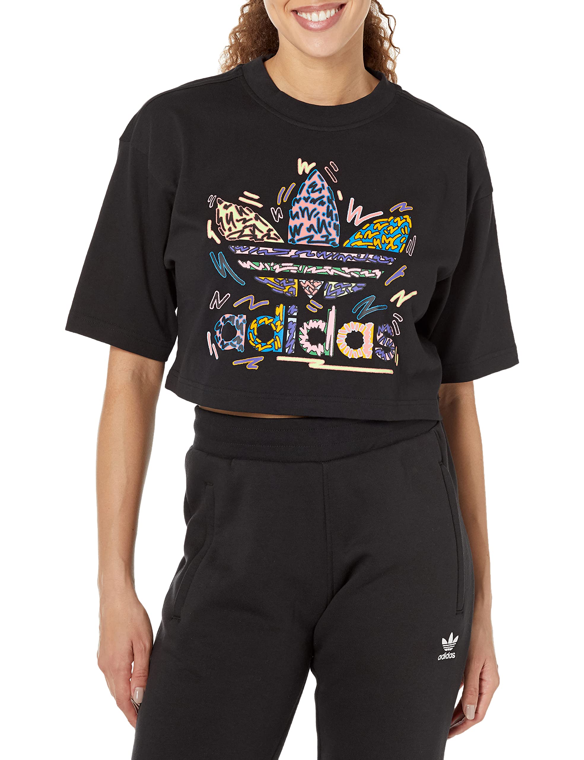 adidas Originals Women's Love Unites Crop Trefoil Tee, Black, Large