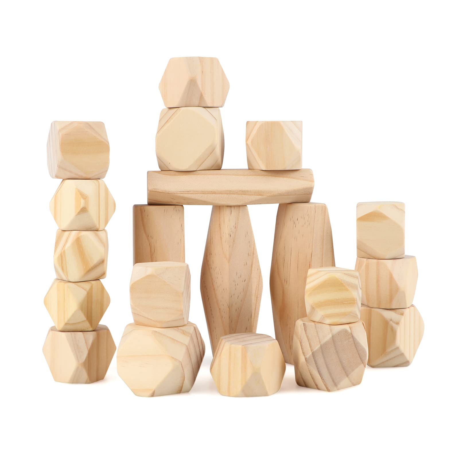 FOPNETS Wooden Sorting Stacking Balancing Stones 20 PCS Natural Wood Rock Set Educational Preschool Learning Toys Large Small Building Blocks Game Stones Lightweight Set for Kids 3 Years Old