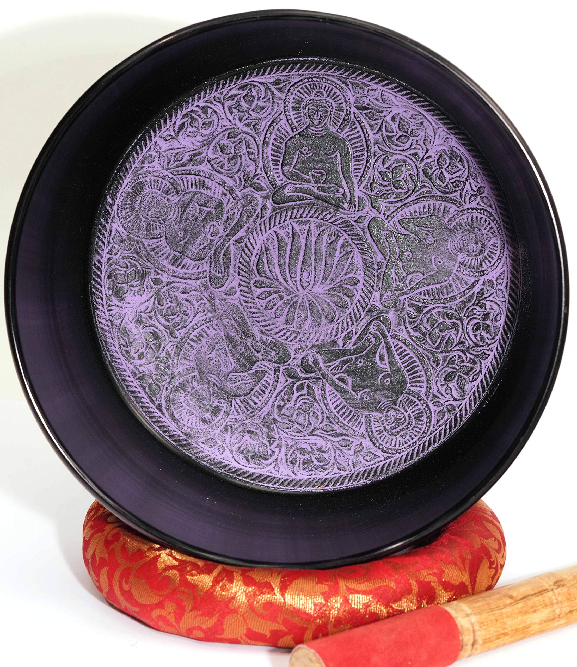 Five Buddhas (Panch Buddhas) Painted Aluminum Singing Bowl. 9.5" Diameter. Wood Mallet and Cushion Included