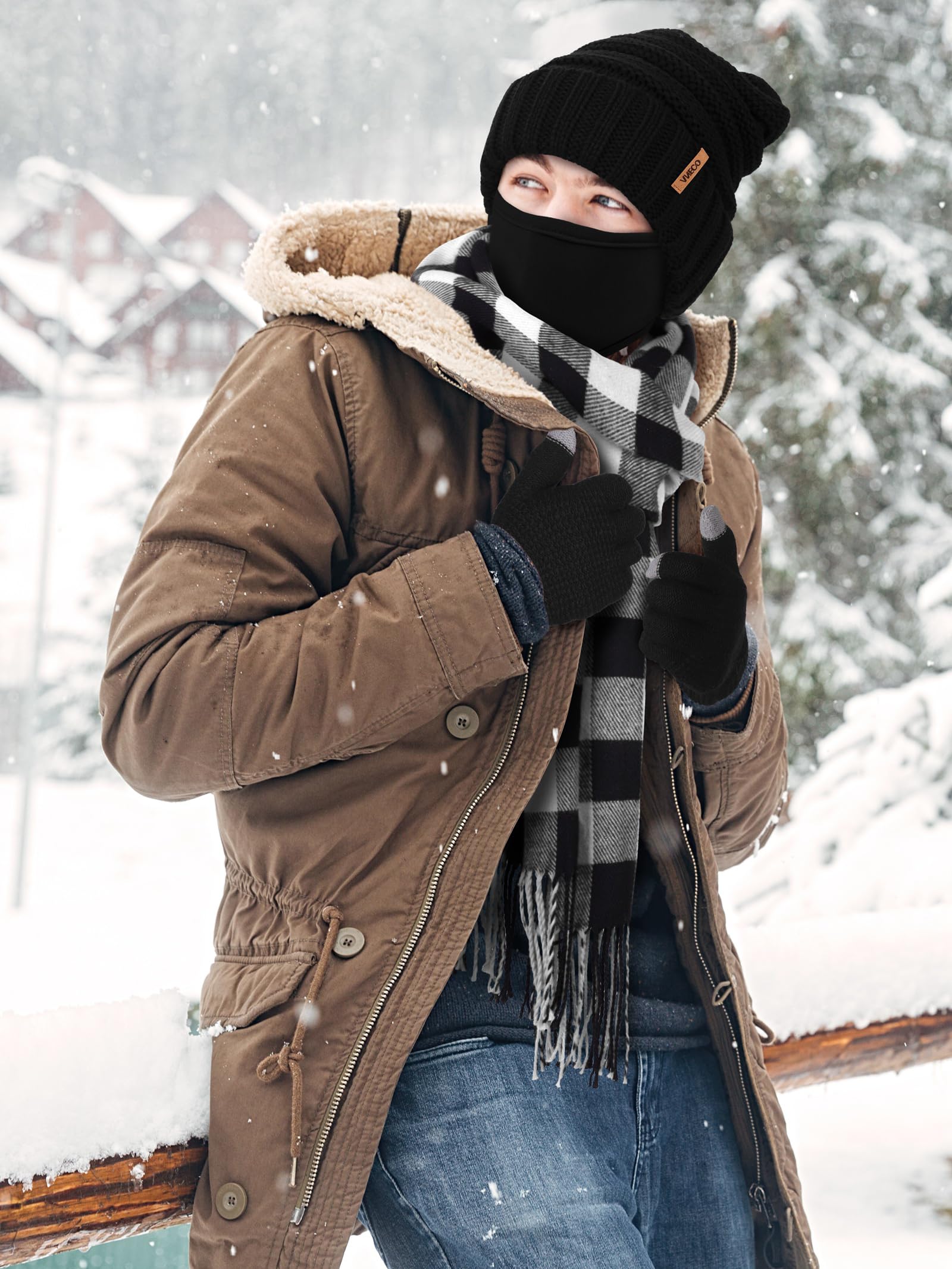 Aneco Winter Warm Sets Buffalo Plaid Scarf Knitted Beanie Hat Gloves Earloop Warm Cover for Men and Women
