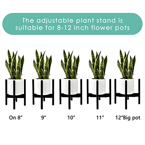 AUGOSTA Bamboo Adjustable Planter Tray Included, Mid Century Modern Indoor Plant Stand, Fit 8 9 10 11 12 inch Pots, Plant Pot Not Included (Black)