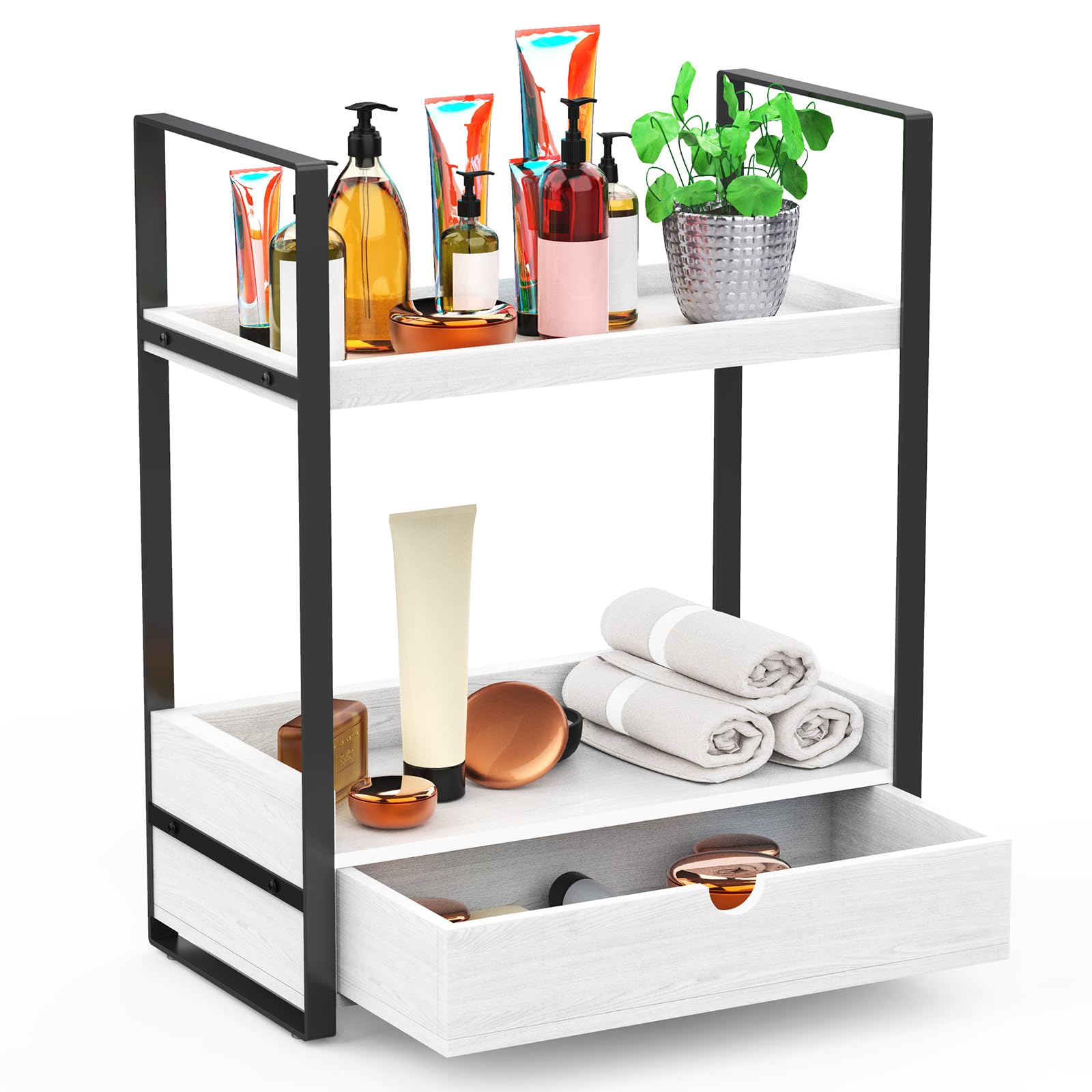 AnnBay Bathroom Counter Organizer,2 Tier Bathroom Organizer Countertop,Bathroom Counter Organizer with Drawers,Wooden Bathroom Organizer with Metal Frame,Perfect for Bathroom,Makeup,Kitchen Storage